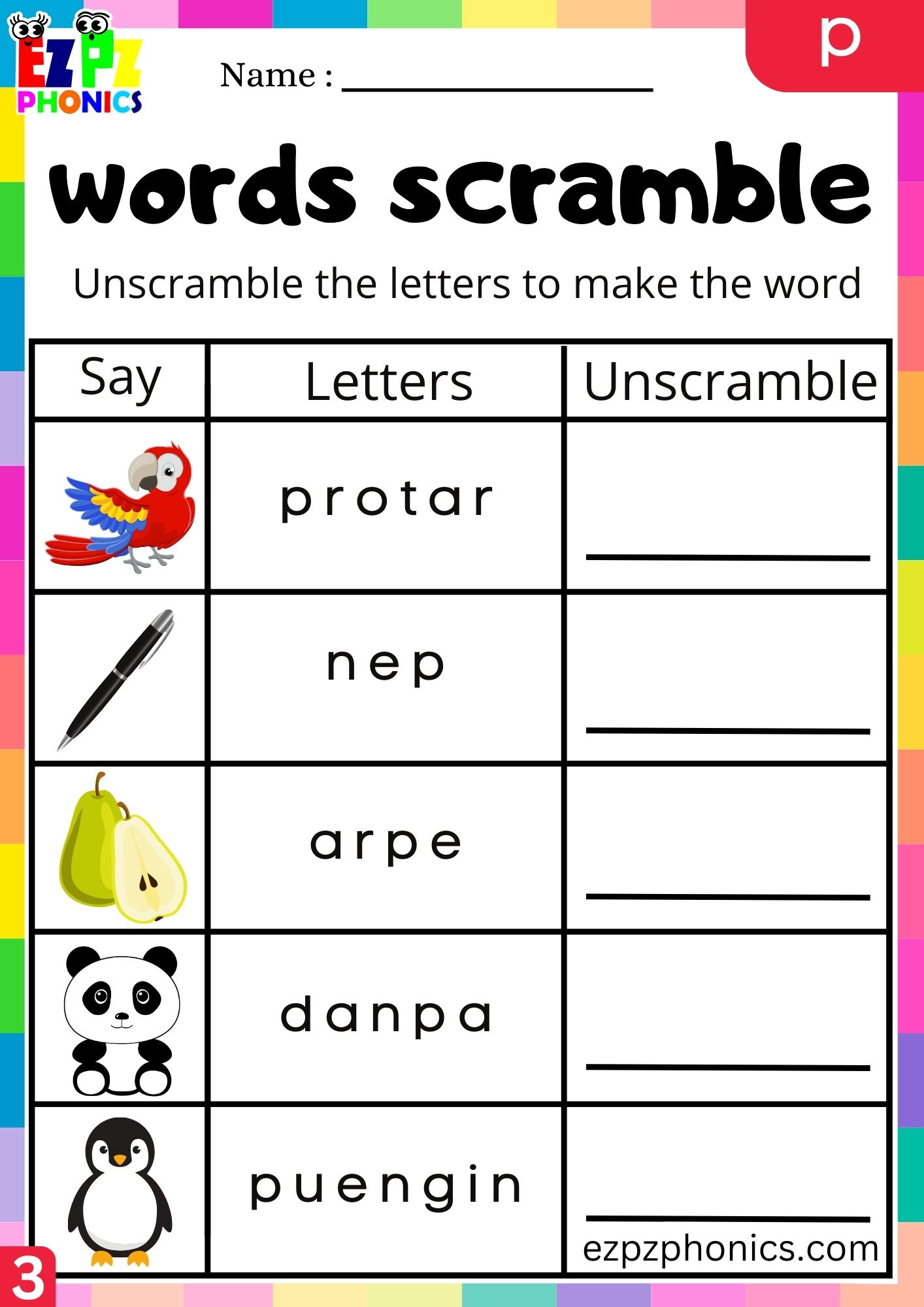 Letter p Word Scramble Write the Words Phonics Activity Group 3 - ezpzphonics.com